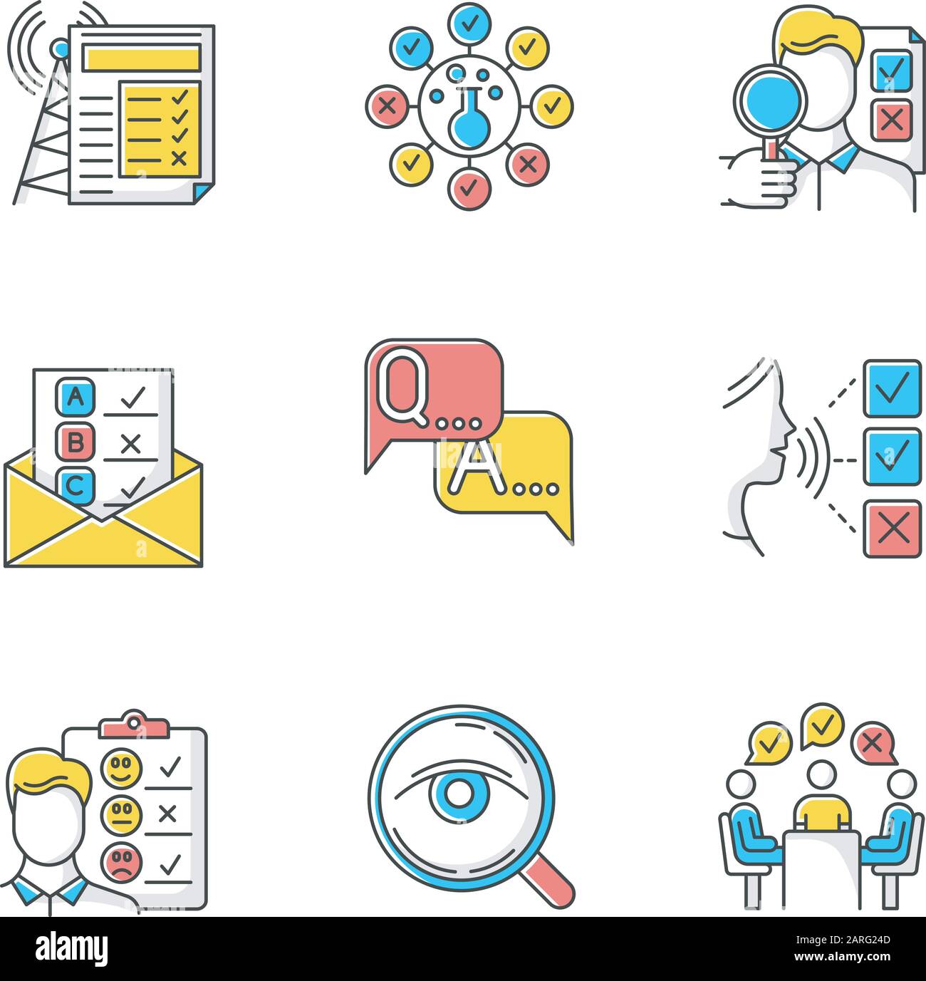 Survey methods color icons set. Chemical analysis. Email, internet ...