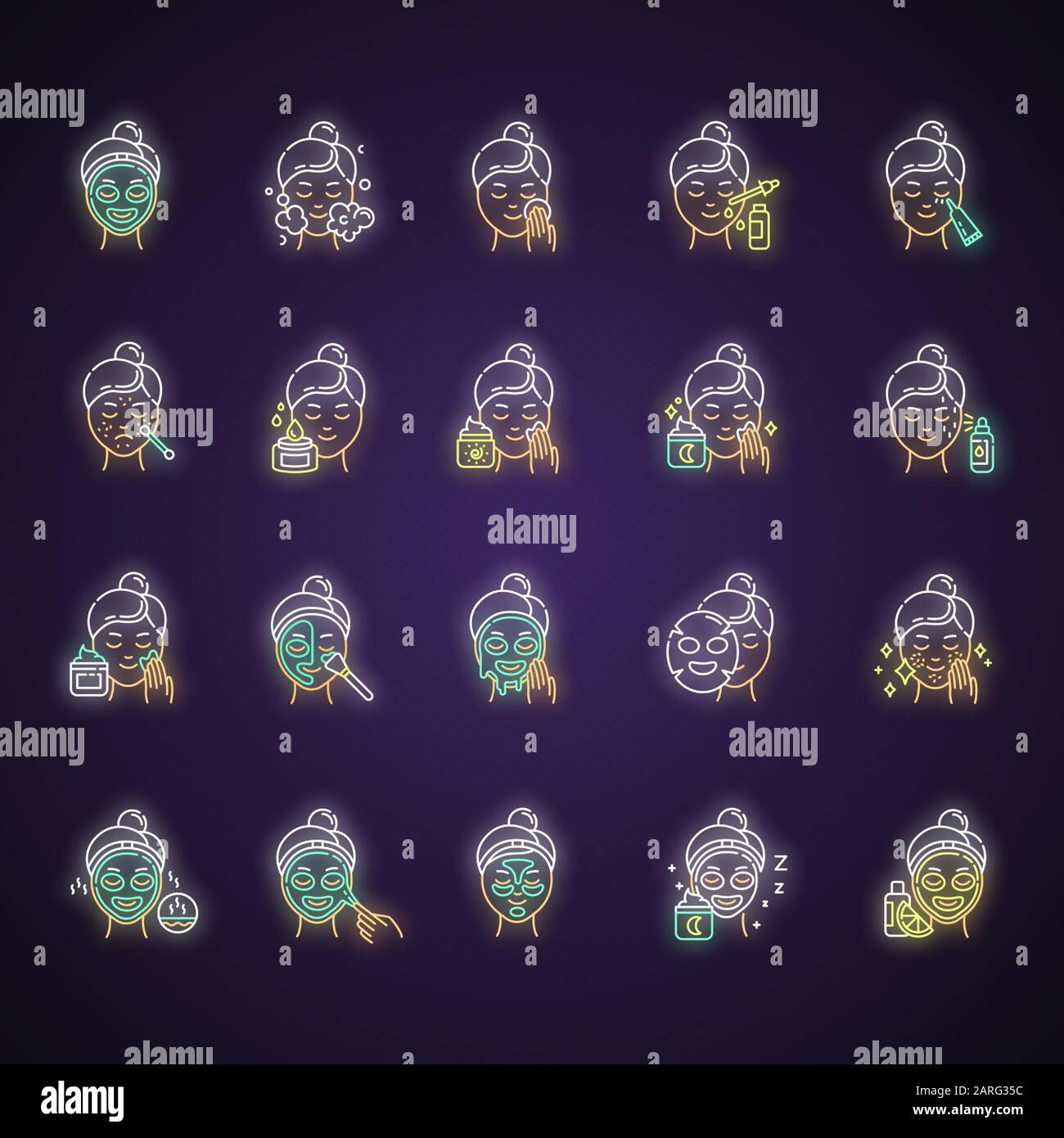 Skin care procedures neon light icons set. Using face cream. Liquid ...