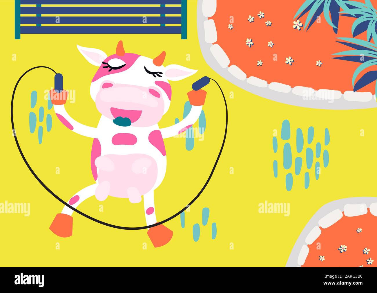 Cute cow rope jumping in an amusement park. Kids book illustration ...