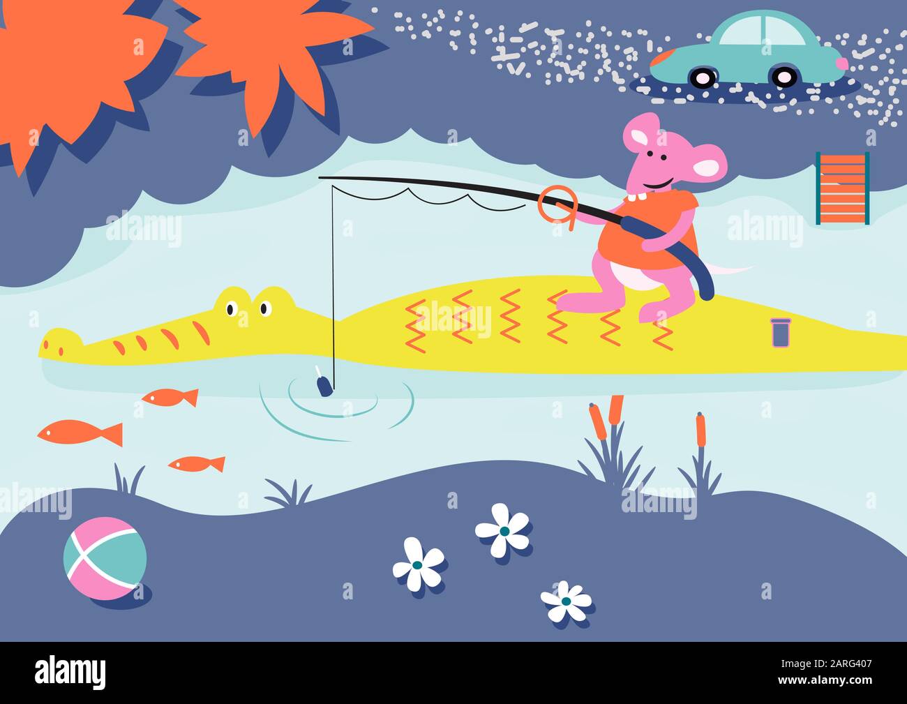 Cartoon fishing child book illustration. Mouse and alligator on a river ...