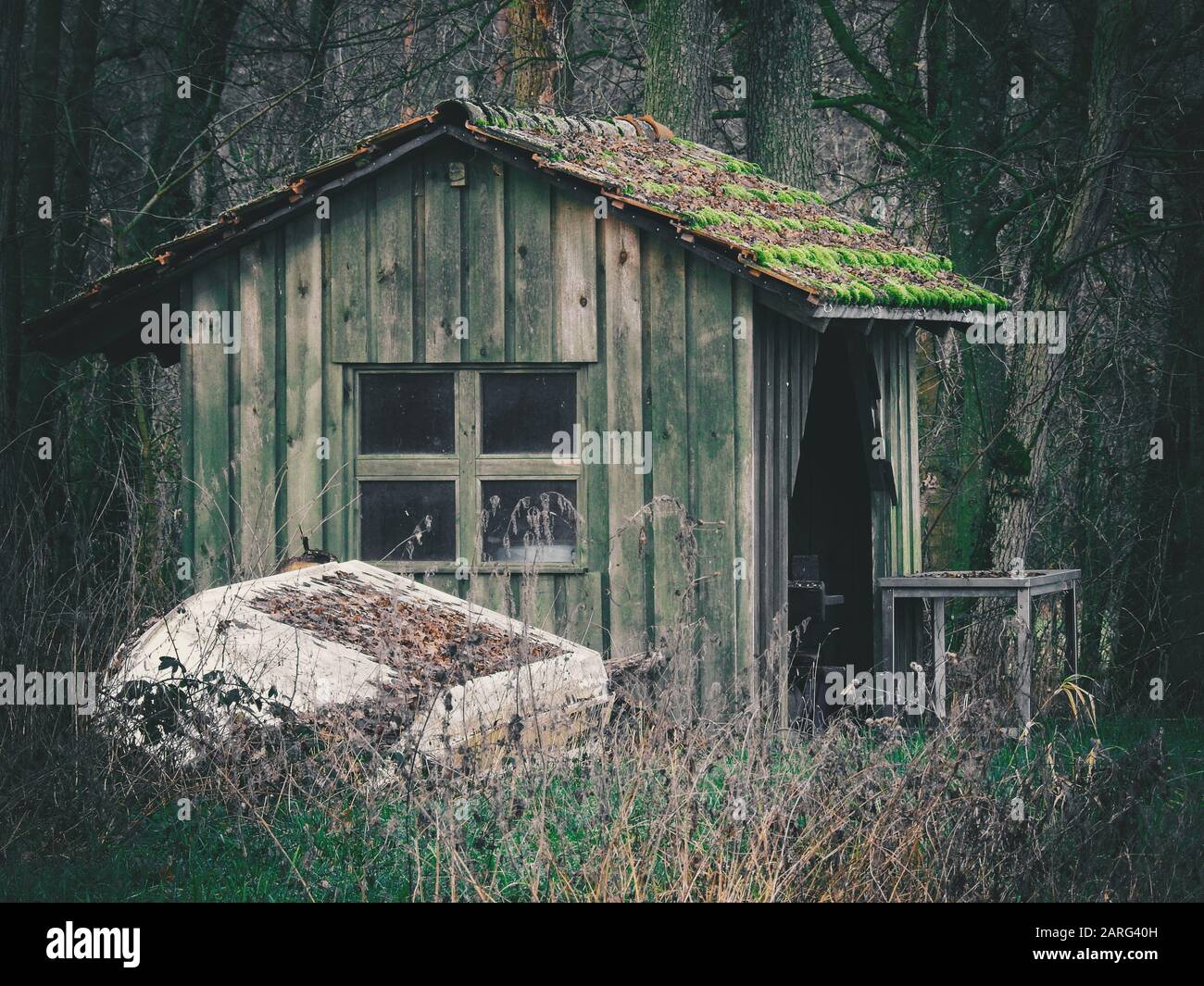 Small weathered hut in the forest Stock Photo - Alamy