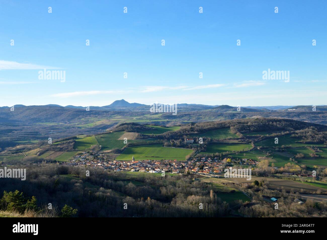 viewpoint on the village in the volcano landscape Stock Photo - Alamy