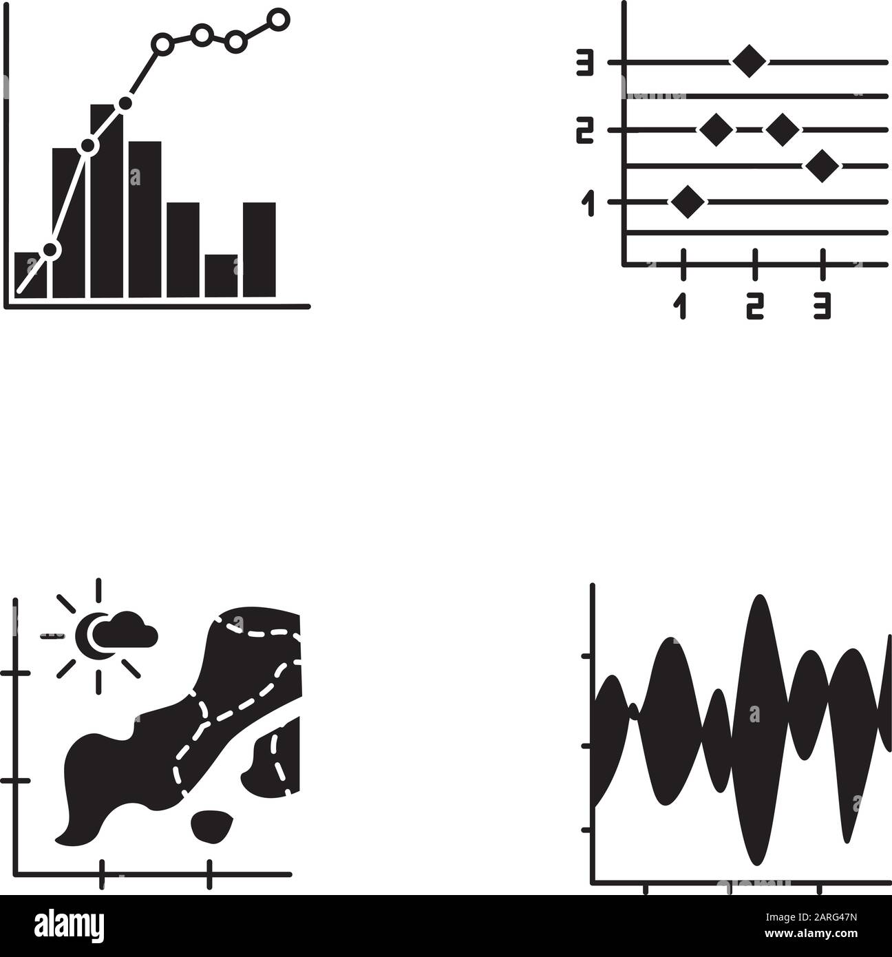 Chart And Graph Glyph Icons Set Temperature Map Point And Figure Chart Seismic Activity
