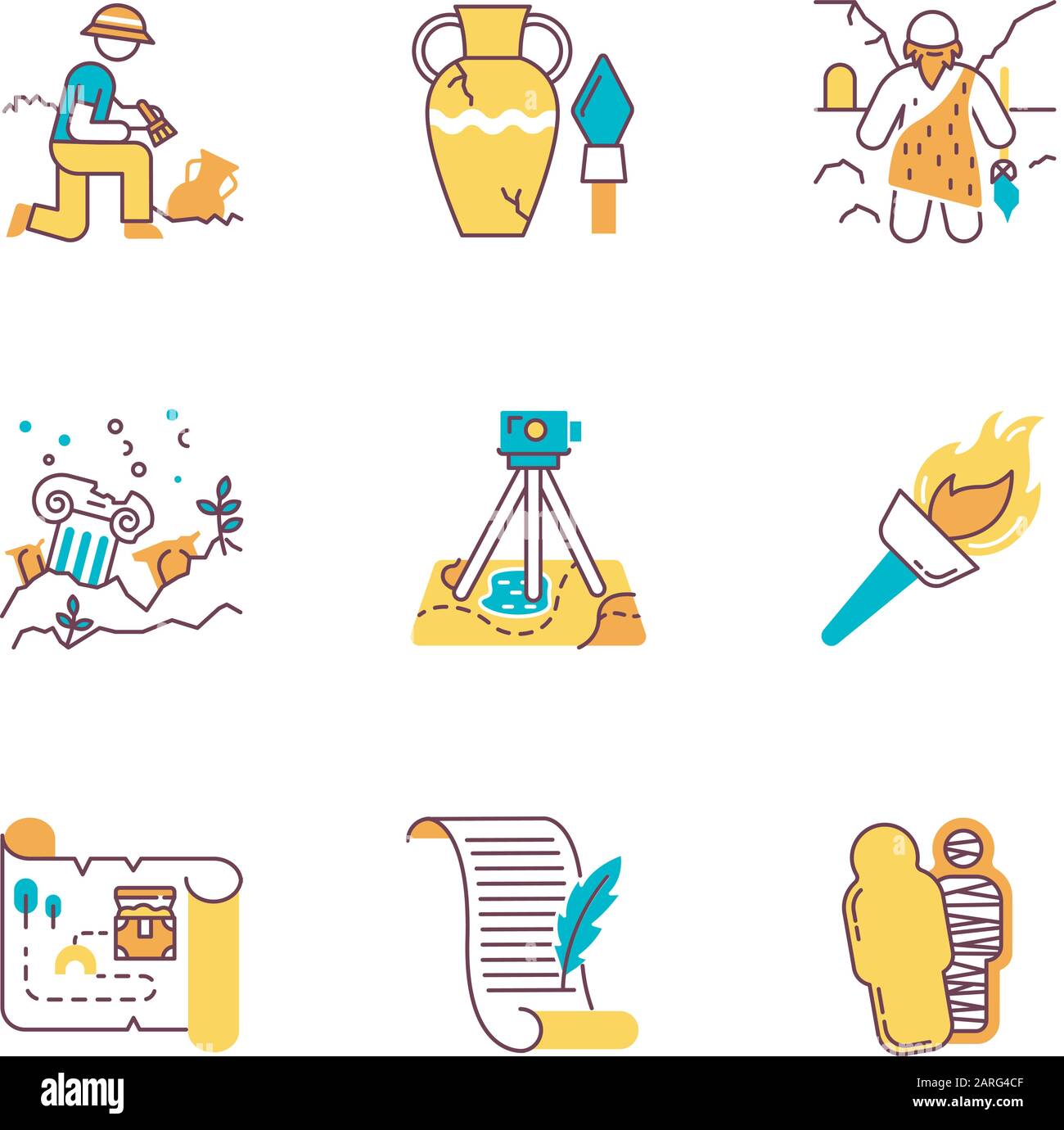 Archeology color icons set. Excavation and research. Archeologist ...