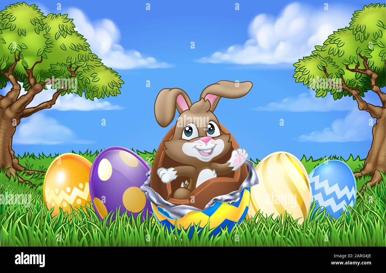 Easter Bunny Rabbit Breaking Chocolate Egg Scene Stock Vector Image ...