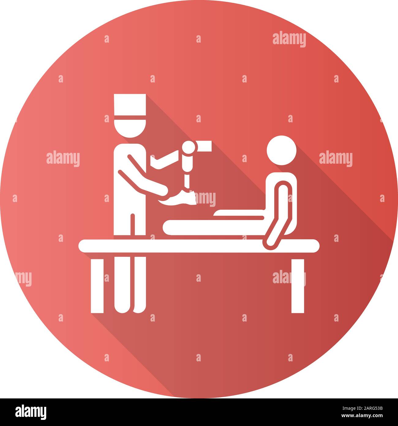 Prosthetics red flat design long shadow glyph icon. Medical procedure. Doctor, patient. Amputee ...