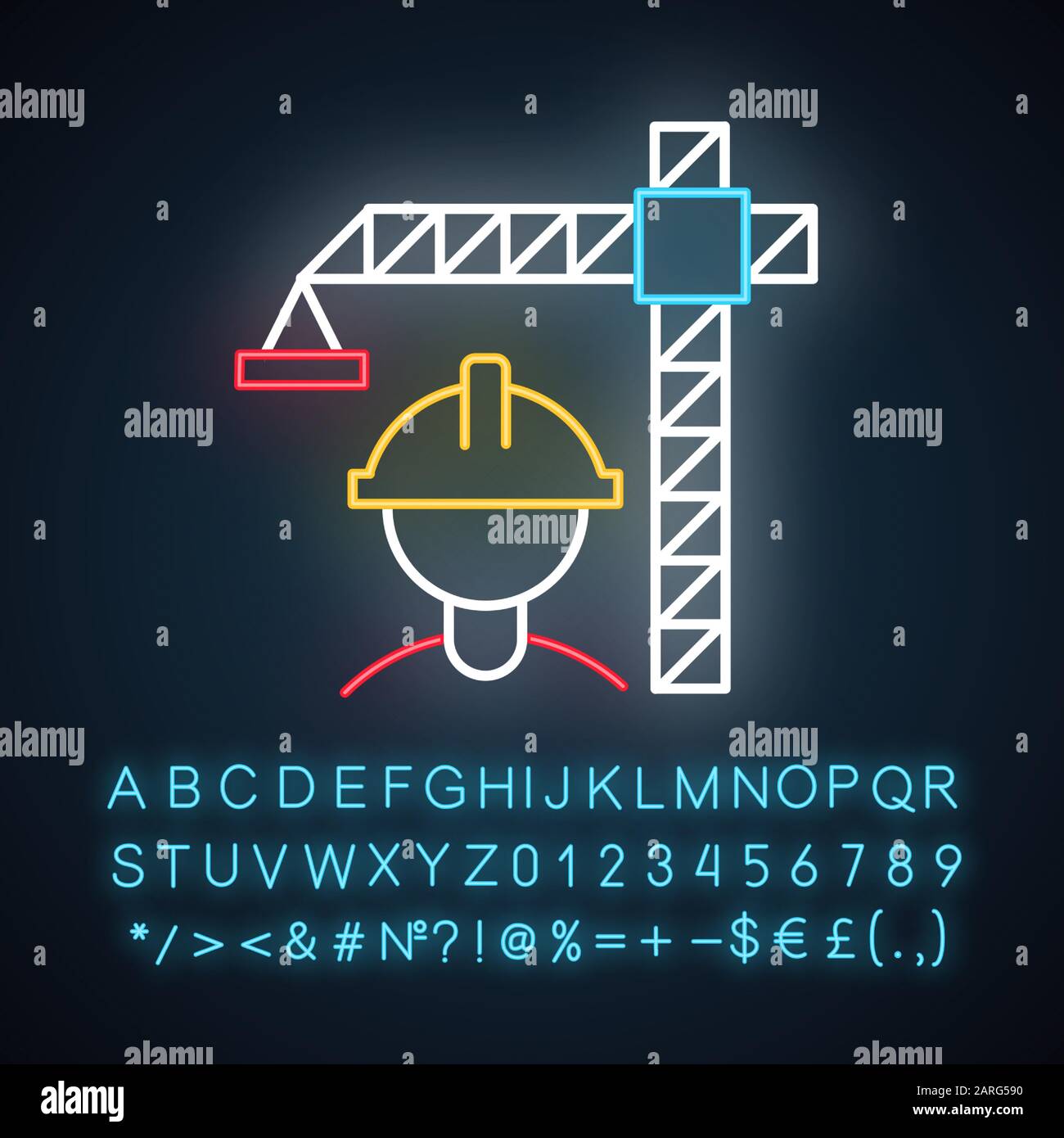 Construction industry neon light icon. Building sector. Crane, builder ...