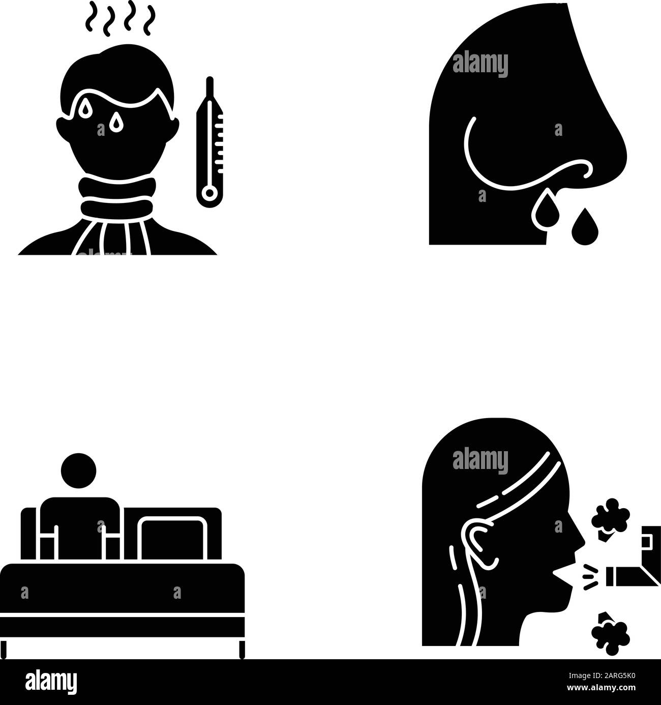 Common cold glyph icons set. Fever and high temperature. Drip nose ...