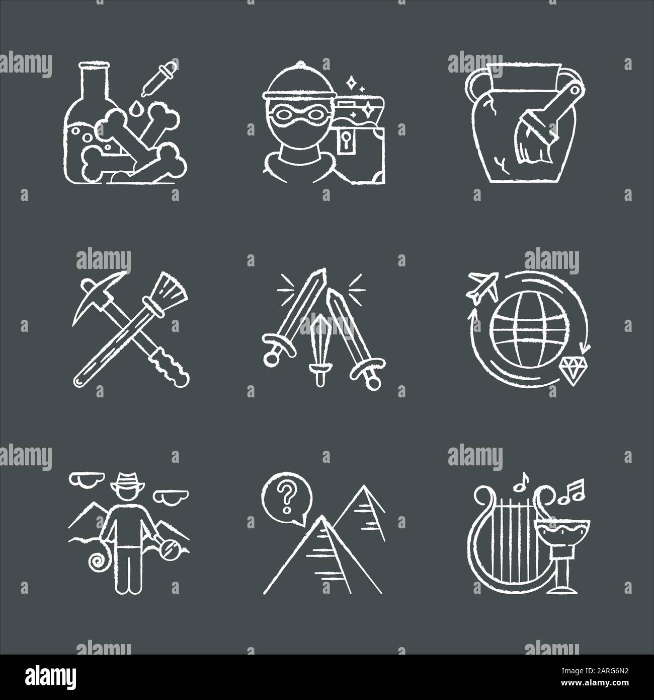 Archeology chalk icons set. Lab research. Marauding. Artifact ...