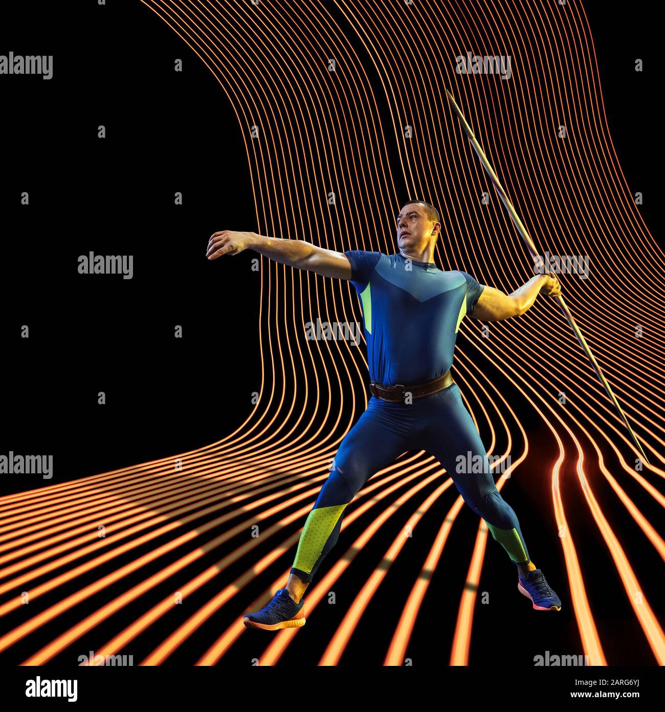 Creative sport on dark neon lighted line background. Javelin-throwing ...