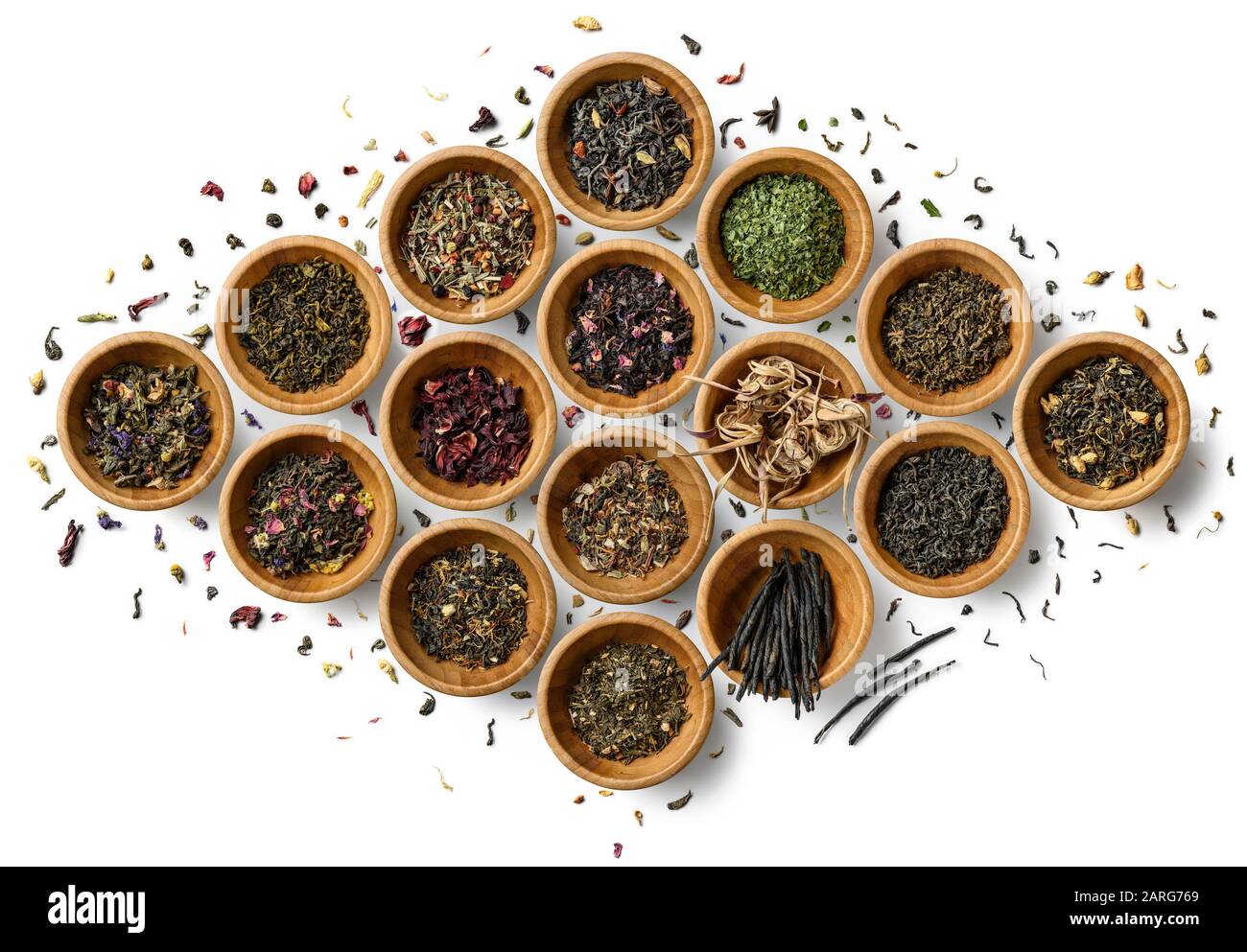 Large assortment of tea on a white background. The view from the top ...