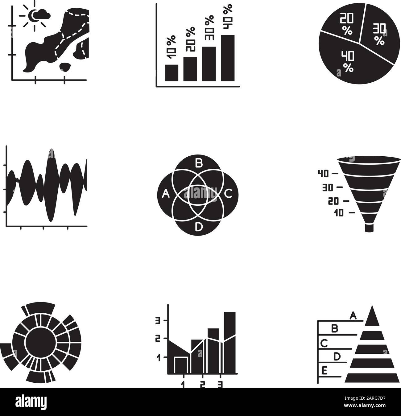 Chart and graph glyph icons set. Temperature map. Vertical histogram ...