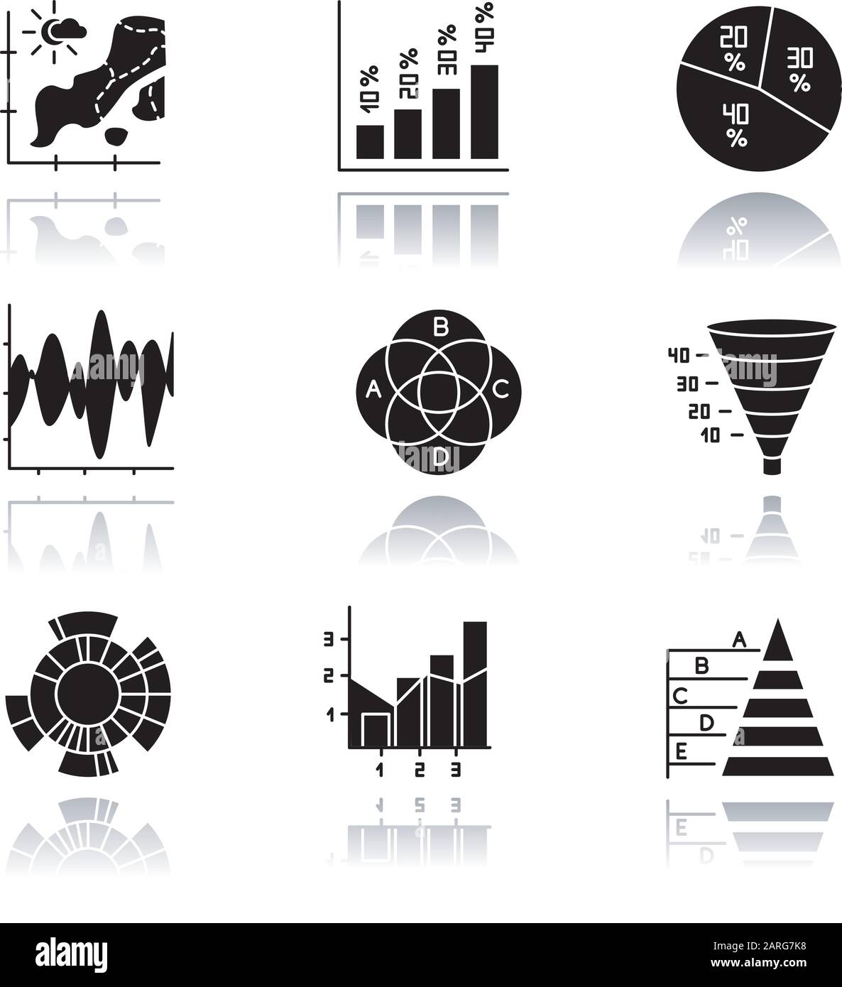 Chart and graph drop shadow black glyph icons set. Temperature map ...