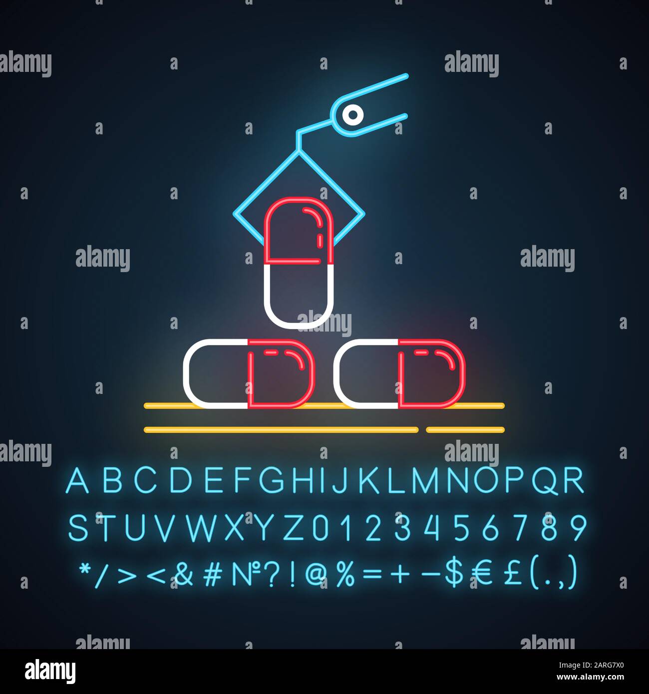 Pharmaceutical industry neon light icon. Drug sector. Conveyor ...