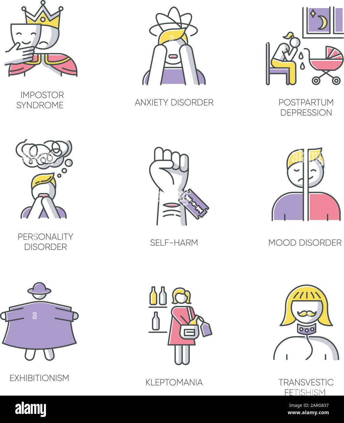 Mental disorder color icons set. Impostor syndrome. Anxiety. Postpartum ...