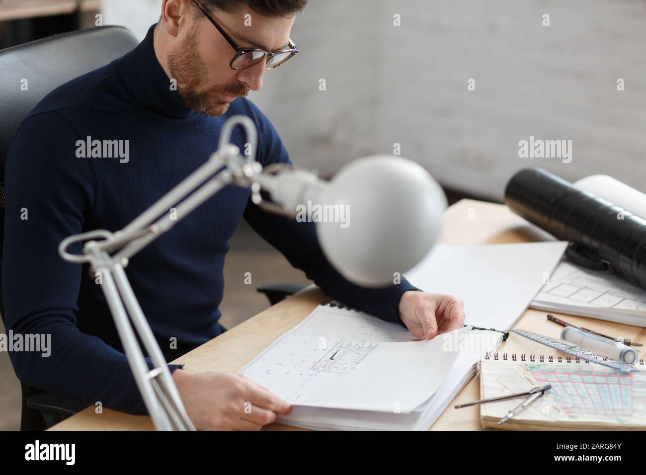 Architect Working In Office With Blueprintsengineer Inspect Architectural Plan Sketching A