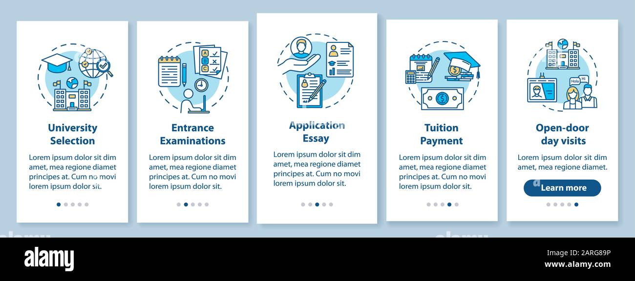 University entrance onboarding mobile app page screen with linear ...
