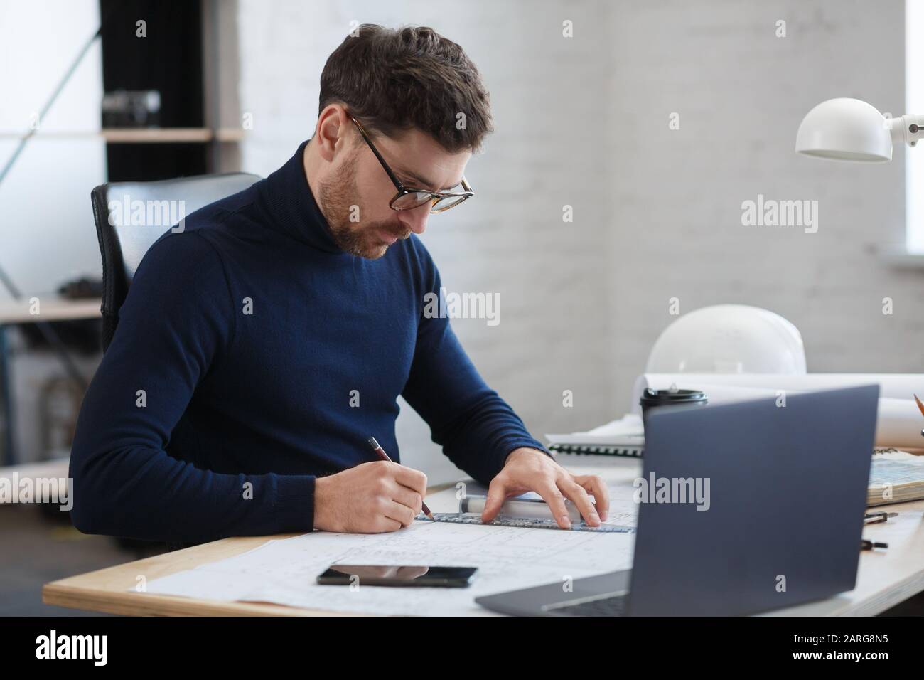 Architect Working In Office With Blueprintsengineer Inspect Architectural Plan Sketching A