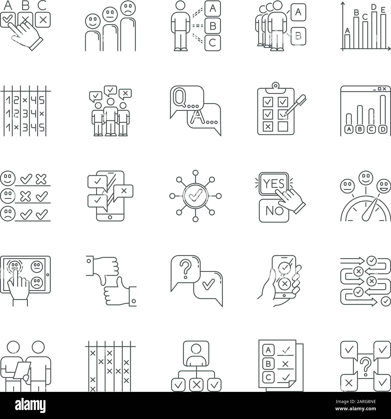 Survey linear icons set. Question and answer. Social poll. Group survey ...
