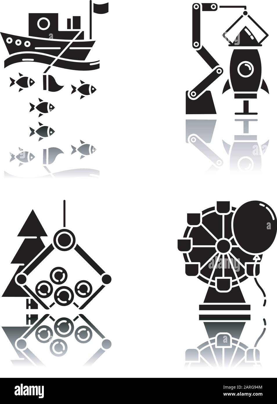 Industry types drop shadow black glyph icons set. Fishing, aerospace ...