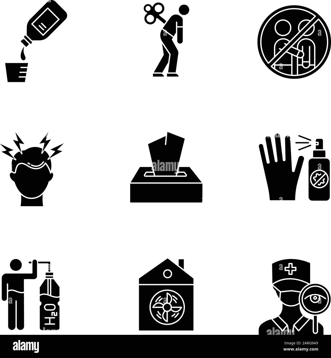 Common cold glyph icons set. Cough syrup. Fatigue. Avoid contact ...