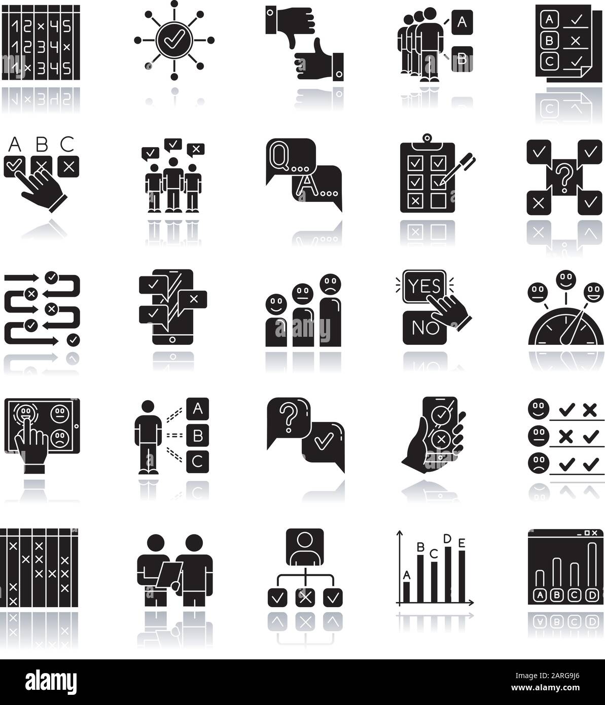 Survey drop shadow black glyph icons set. Question and answer. Social ...