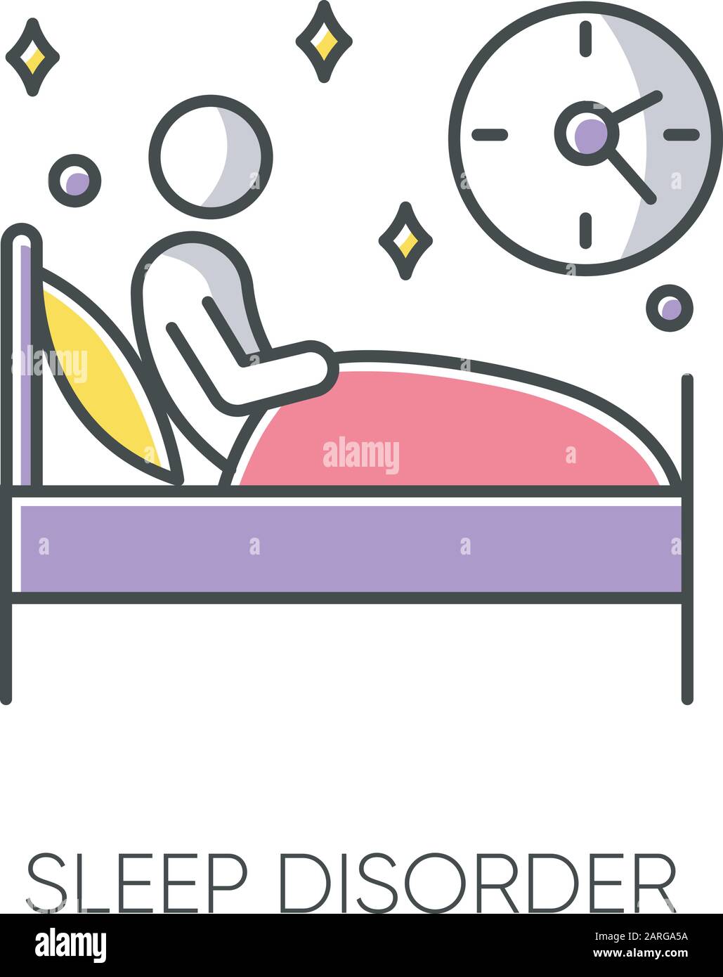 Sleep deprivation color icon. Insomnia. Man alone in bed. Awake at ...
