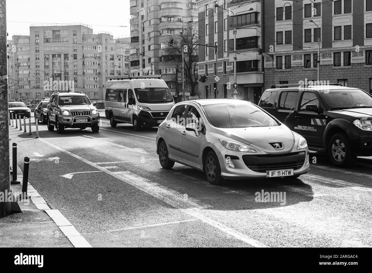 Car traffic at rush hour in downtown area. Bucharest, Romania, 2020 ...