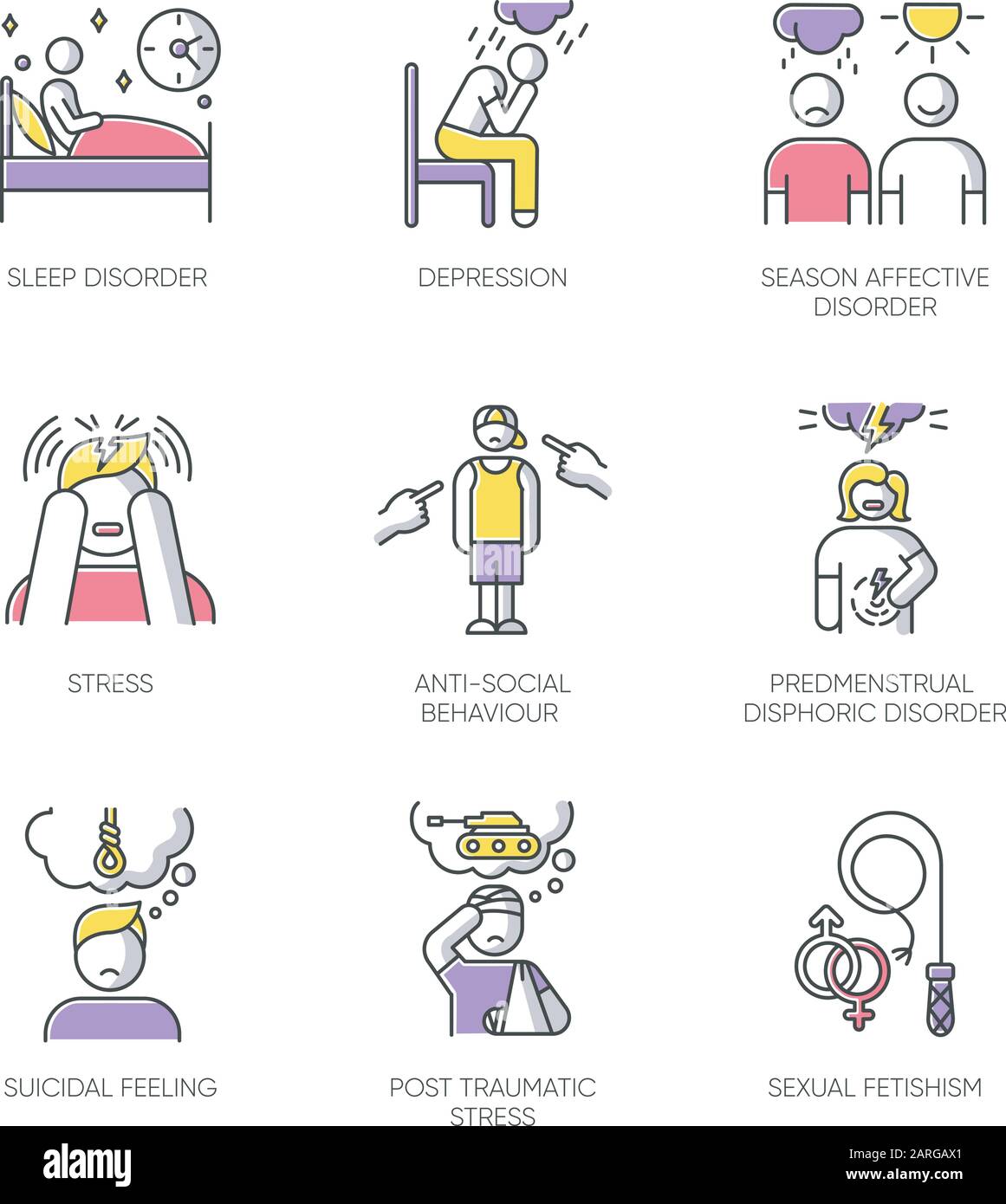 Mental disorder color icons set. Sleep deprivation. Depression. Season ...