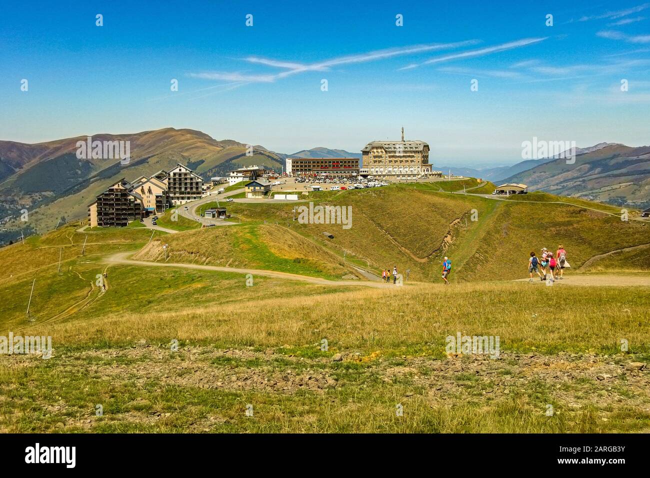 Tourist resort in the mountains with hotels, ski lifts and hiking ...