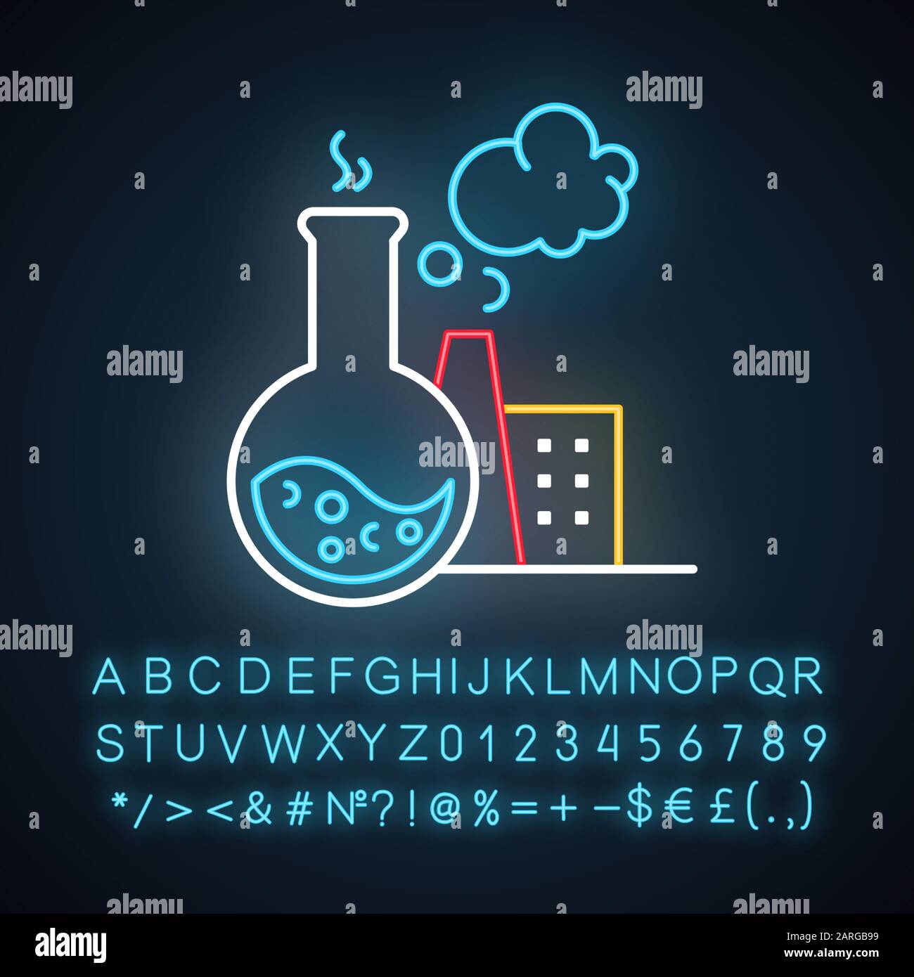Chemical industry neon light icon. Synthetic materials researching ...