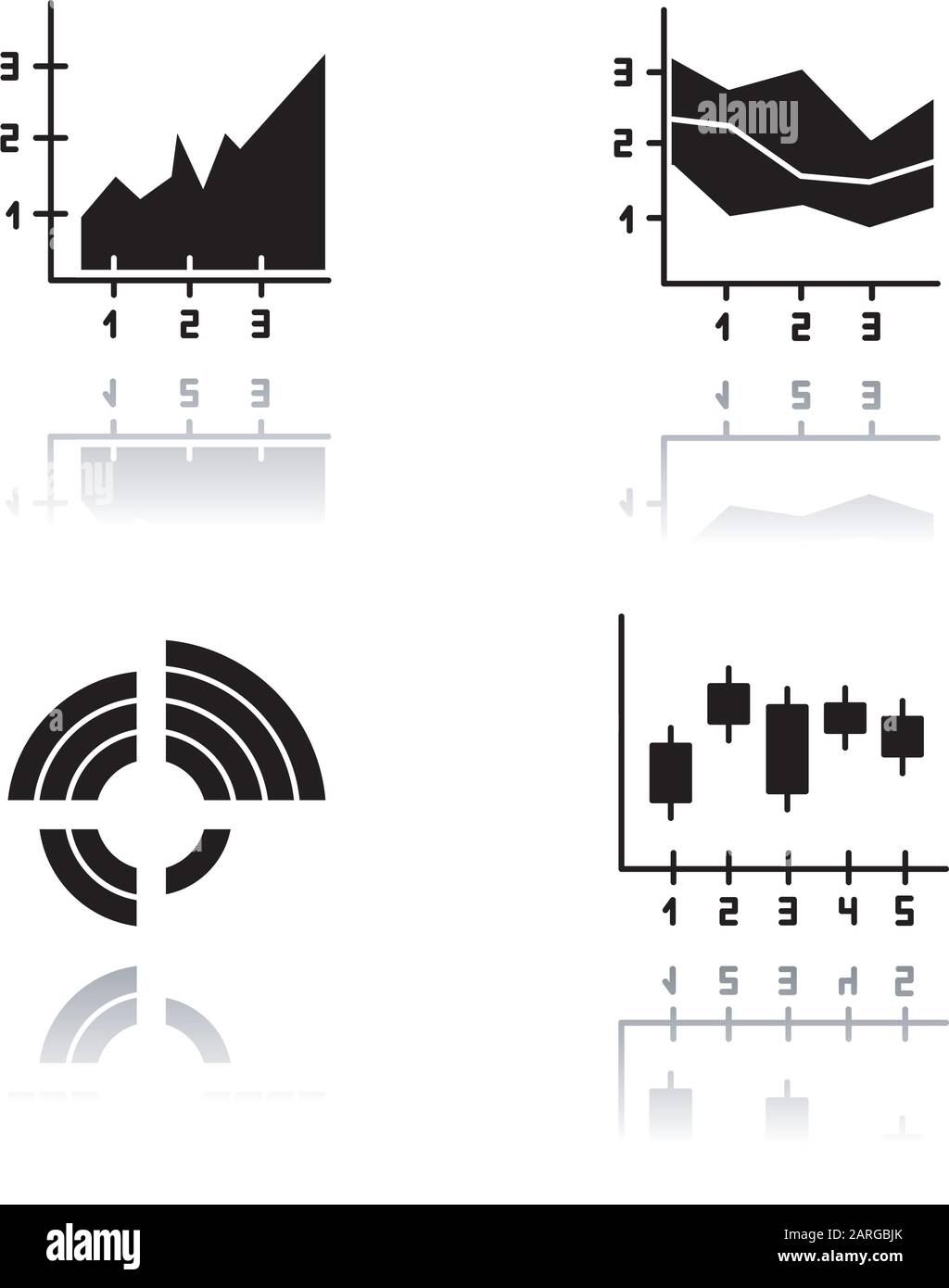 Chart and graph drop shadow black glyph icons set. Radial diagram with ...