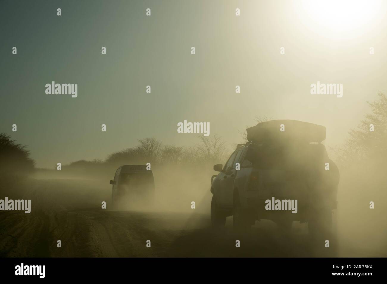 Safari car moving fast in the dust, looking for wild animals in Africa ...