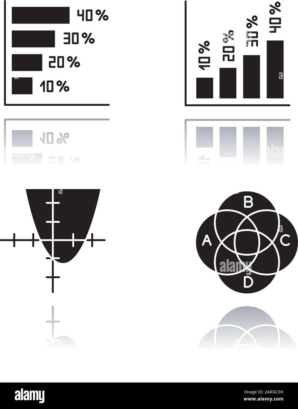 Chart and graph drop shadow black glyph icons set. Horizontal, vertical ...