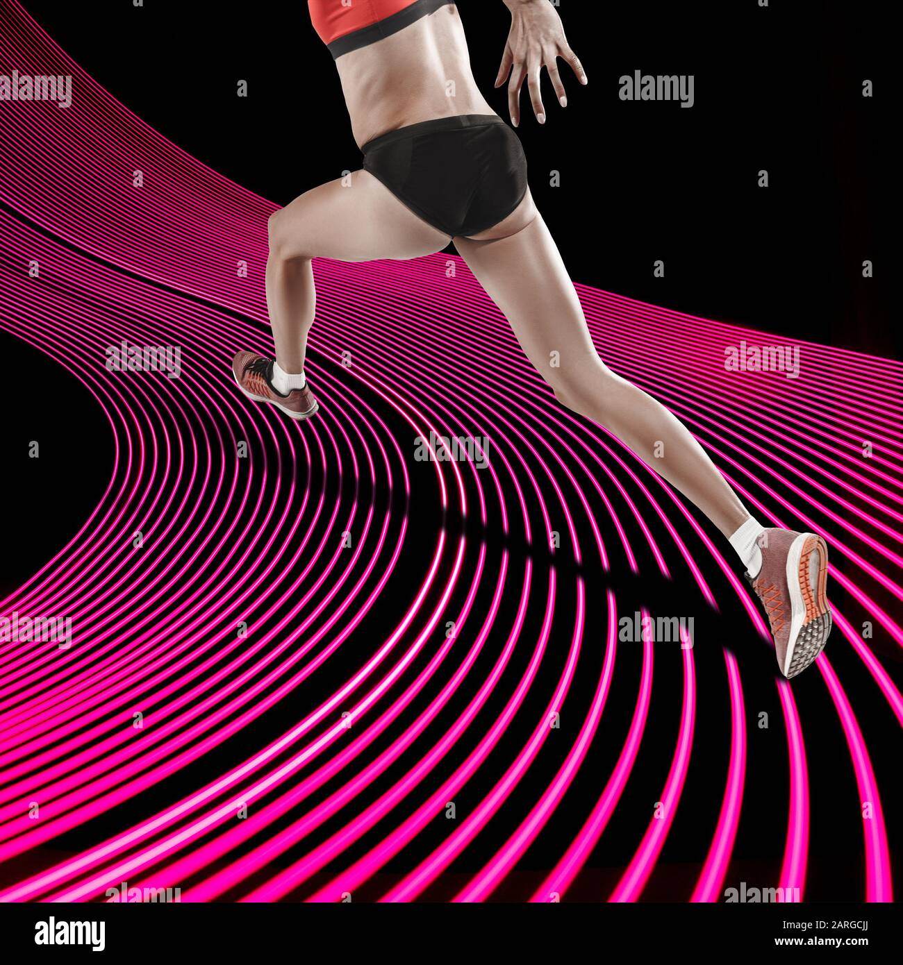 Creative sport on dark neon lighted line background. Professional ...