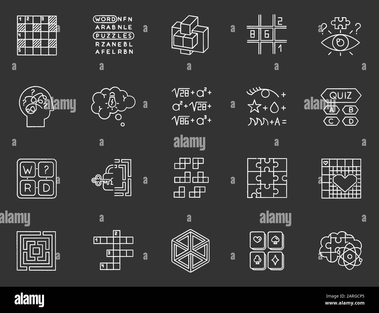 Puzzles and riddles chalk icons set. Mental exercise. Challenge ...