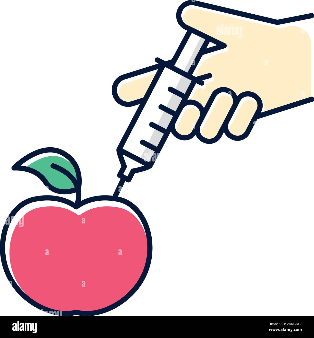 Red apple with syringe color icon. Genetically modified food, fruits ...
