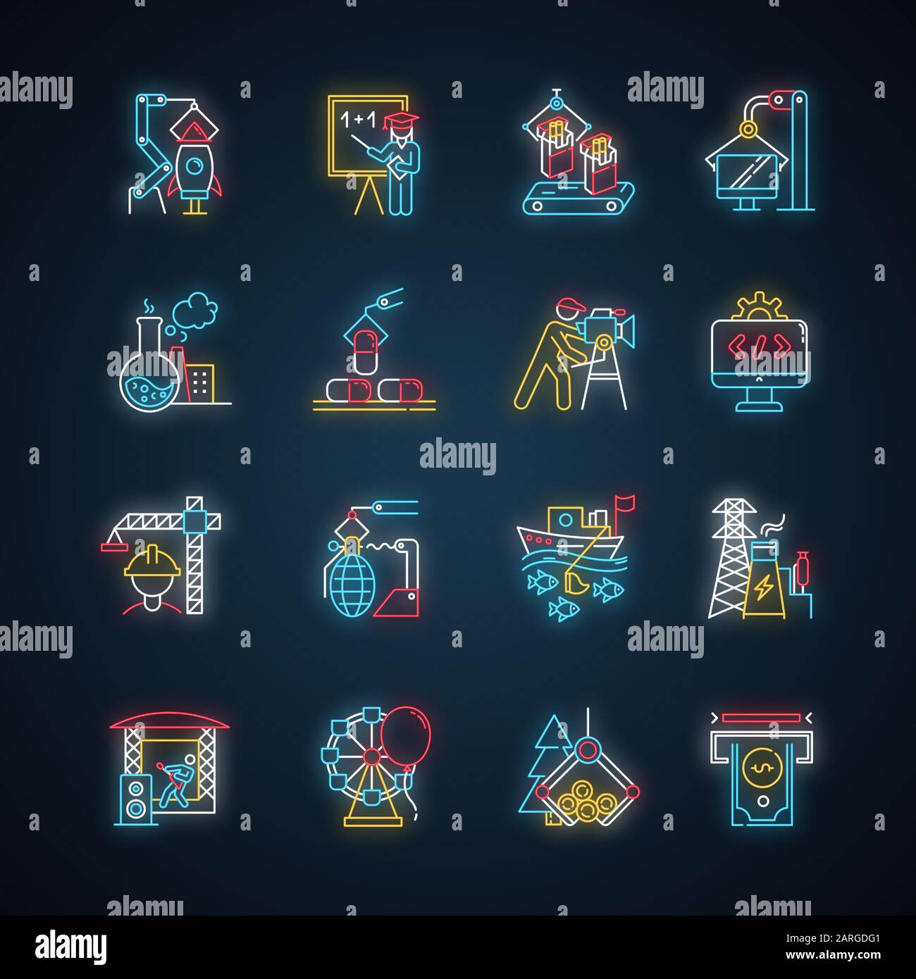 Industry types neon light icons set. Goods and services production ...
