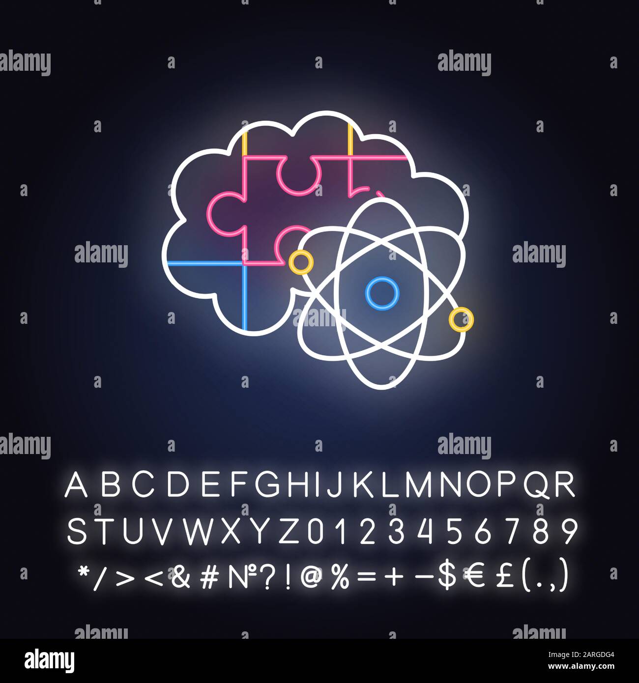 Brain teaser neon light icon. Science puzzle, logic game. Mental ...