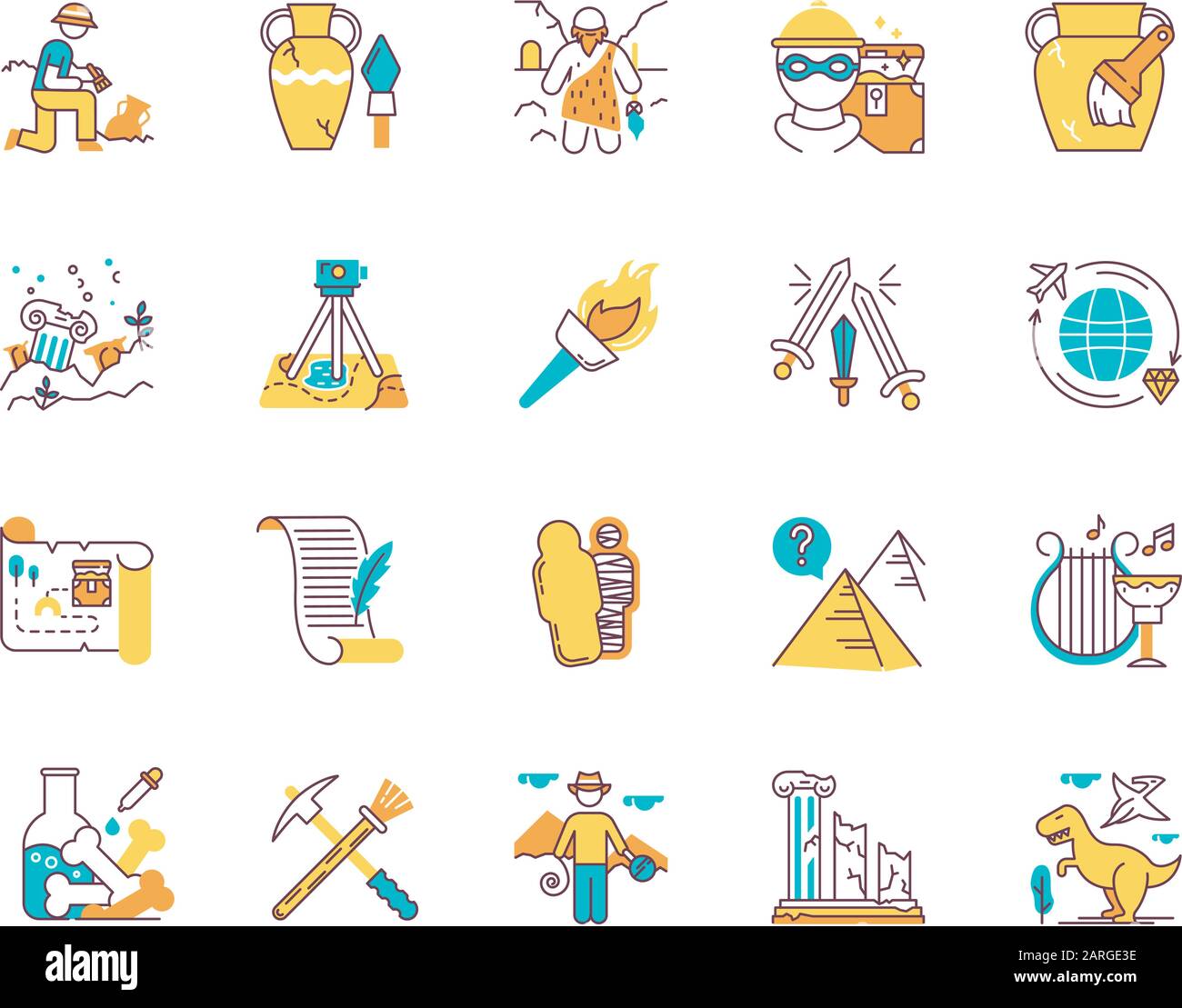 Archeology color icons set. Researcher on excavation. Ancient artifacts ...