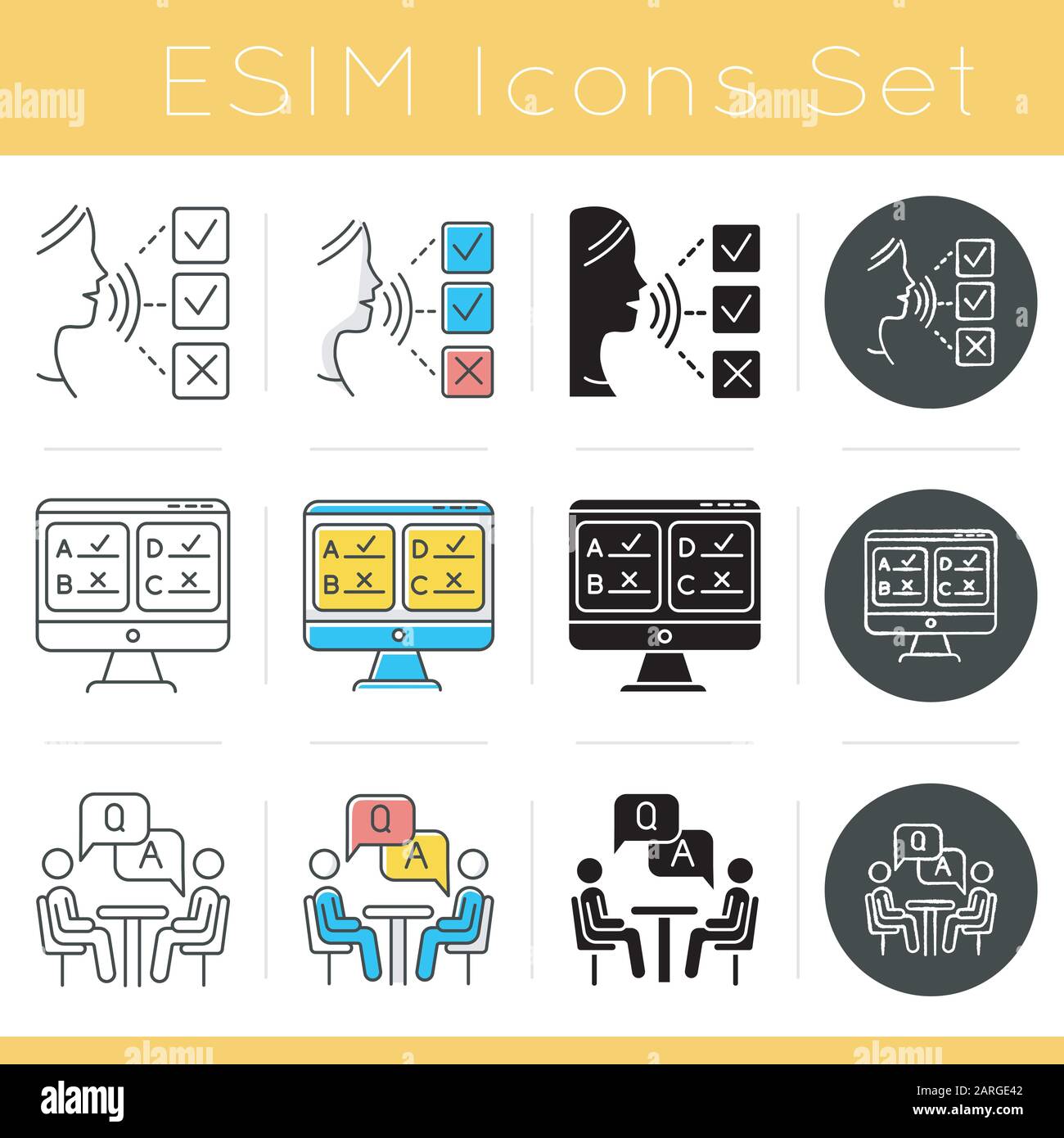 Survey methods icons set. Customer audio review. Interview. Online poll ... Survey methods icons set. Customer audio review. Interview. Online poll ...