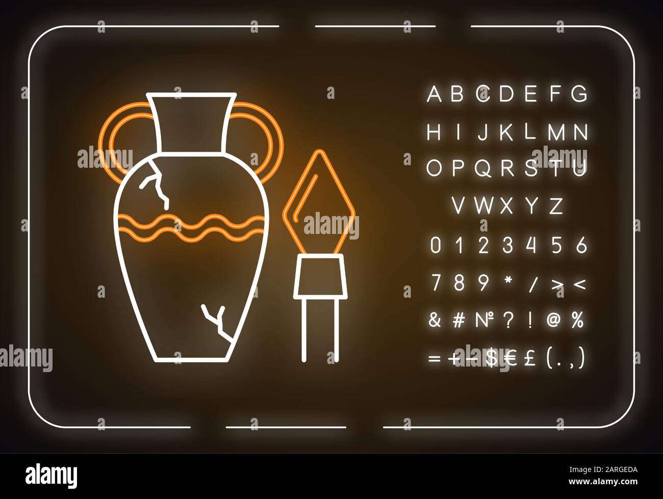 Ancient artifacts neon light icon. Greek amphora. Roman spear. Old ...