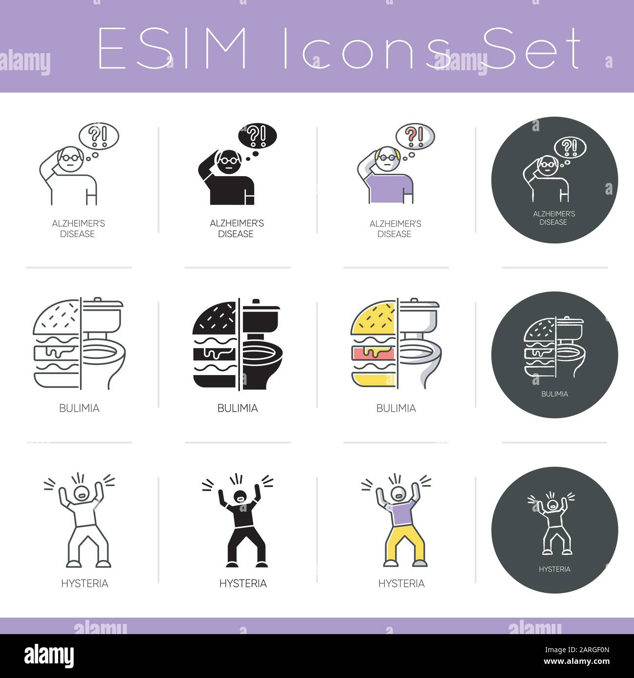 Mental disorder icons set. Alzheimeir's disease. Bulimia and binge ...