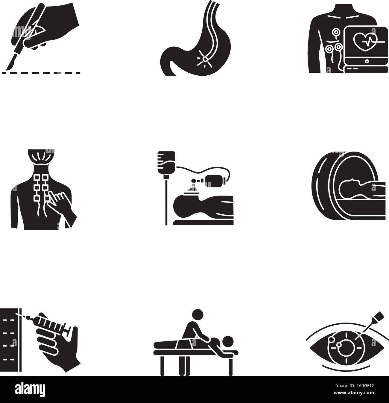 Medical procedure glyph icons set. Surgery. Endoscopy ...