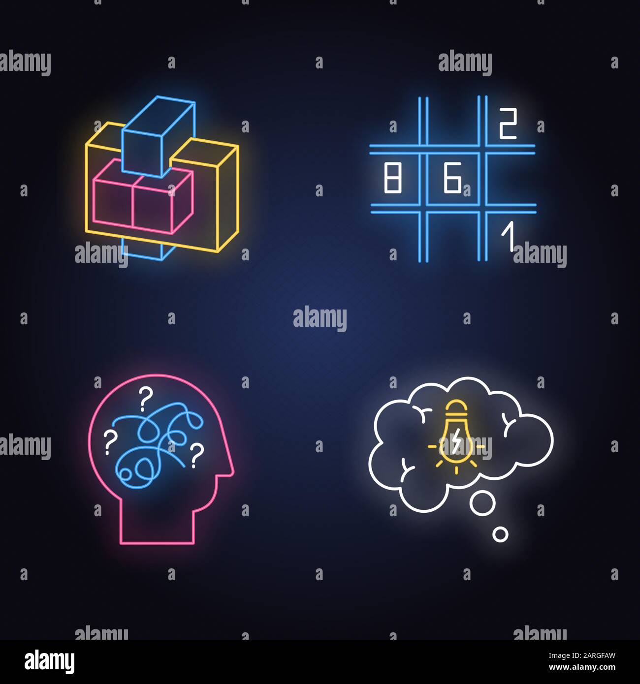 Puzzles and riddles neon light icons set. Sudoku. Puzzled mind. Problem ...