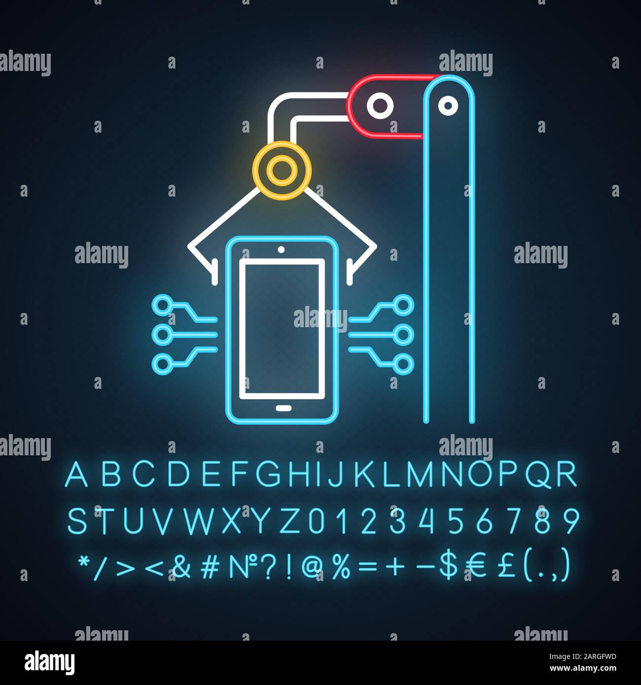 Electronics industry neon light icon. Smartphone and tablet production ...