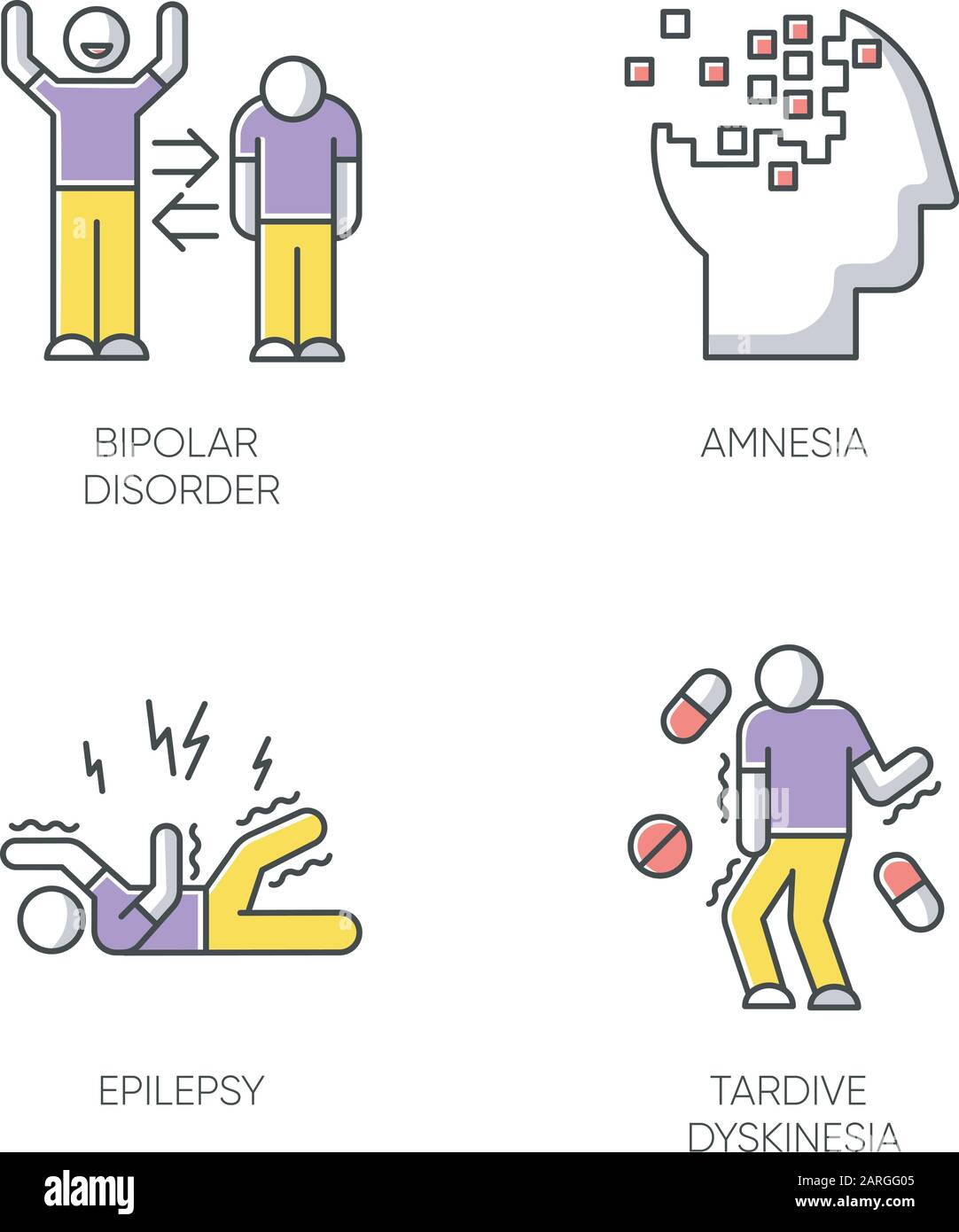 Mental disorder color icons set. Manic and depressive episodes. Bipolar ...