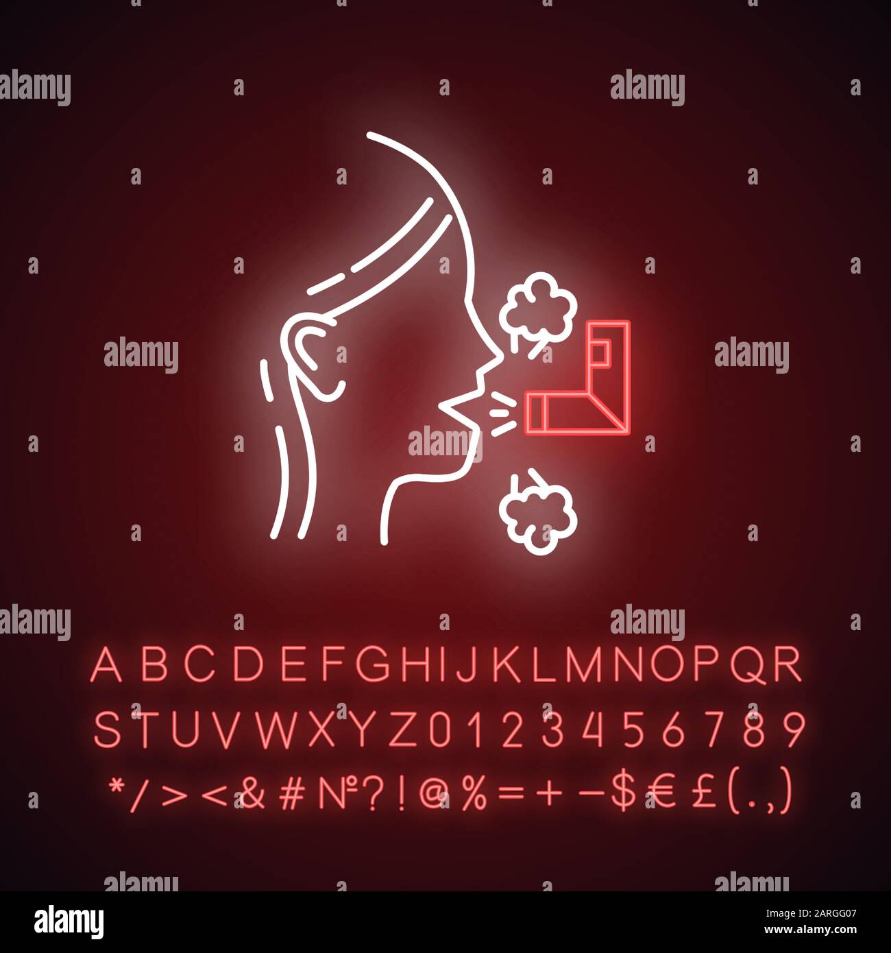 Inhalation neon light icon. Respiratory illness treatment. Asthma help ...