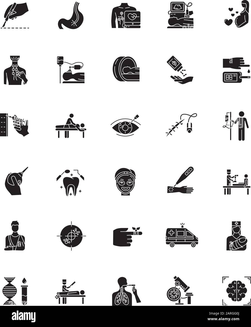 Medical procedure glyph icons set. Surgery. Endoscopy. Brain scan ...