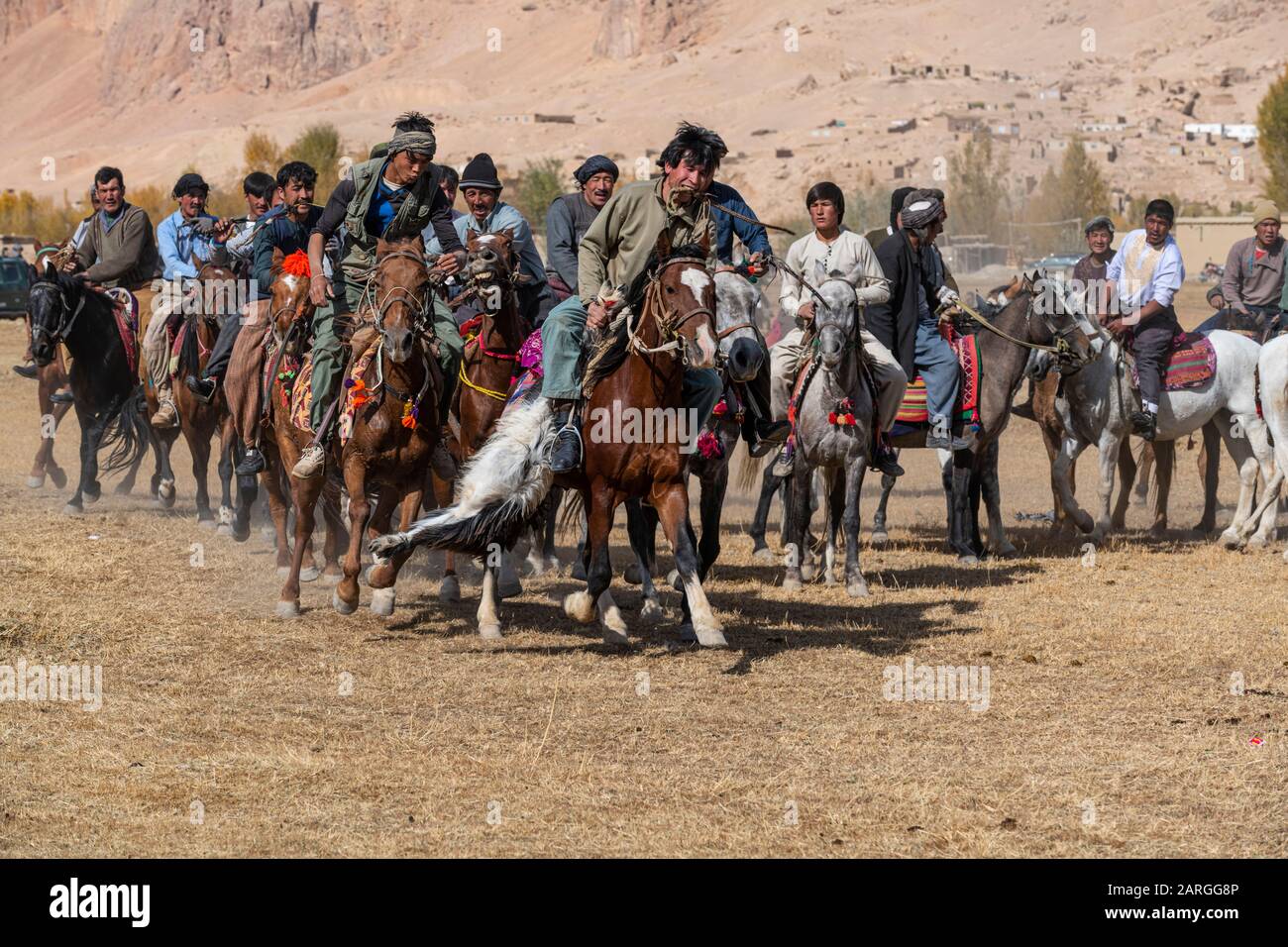Men practising a traditional Buzkashi game, Yaklawang, Afghanistan ...